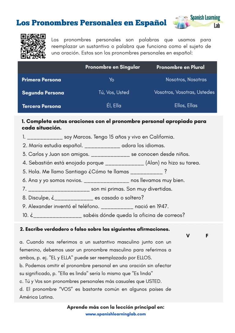 Los Pronombres Personales en Español - Hoja de Trabajo en PDF - Spanish ...