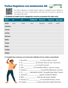 Conjugating -AR Regular Verbs in Spanish (Present) - PDF Worksheet ...