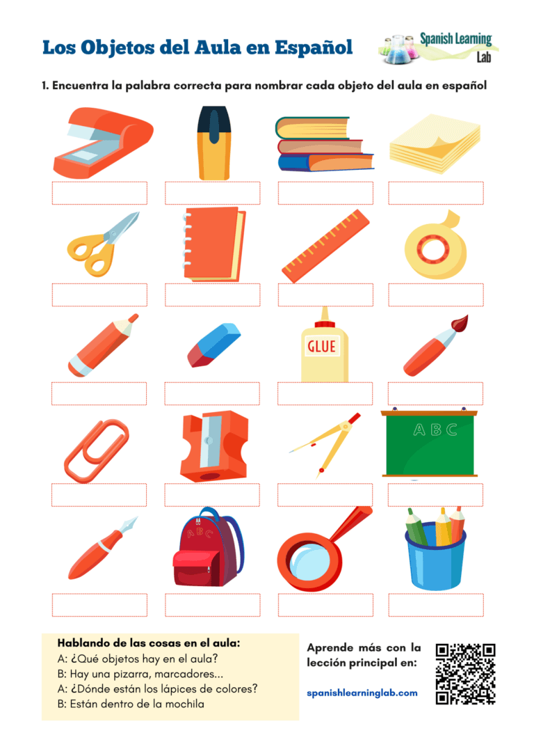 Classroom Objects in Spanish - PDF Worksheet - Spanish Learning Lab