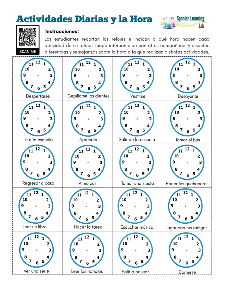 Daily Activities & Time in Spanish - PDF Worksheet - Spanish Learning Lab