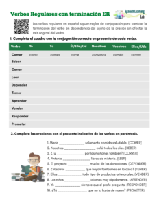 Conjugando los Verbos Regulares con terminación -ER (ejercicios en PDF) - Spanish Learning Lab
