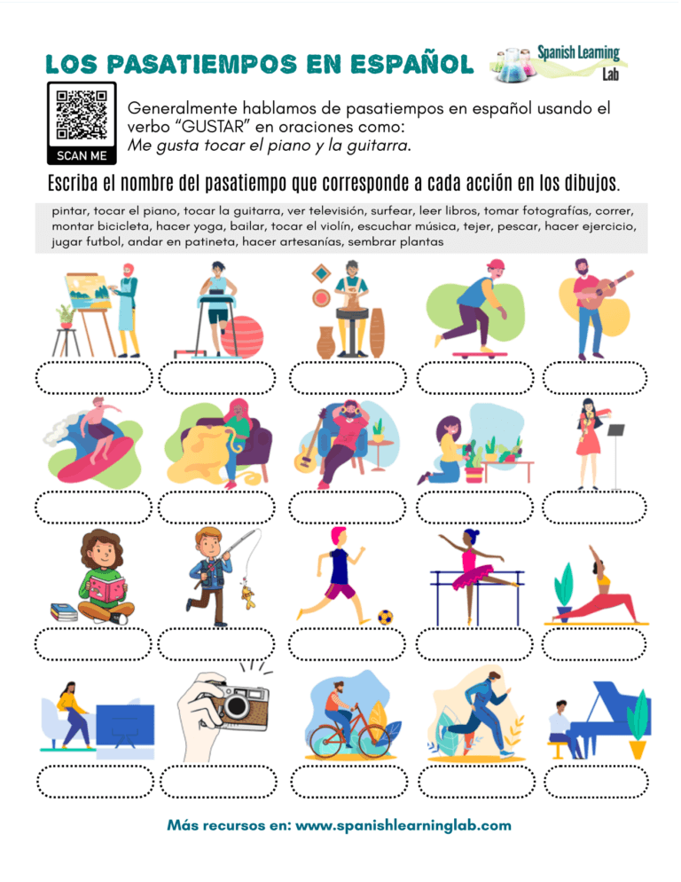 Common Hobbies in Spanish - PDF Worksheet - Spanish Learning Lab