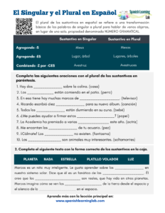 Singular and Plural Nouns in Spanish - PDF Worksheet - Spanish Learning Lab