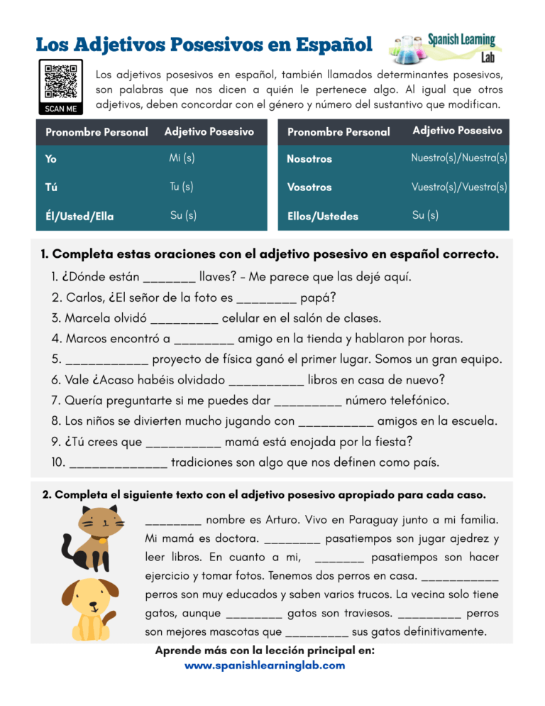 Possessive Adjectives in Spanish - PDF Worksheet - Spanish Learning Lab