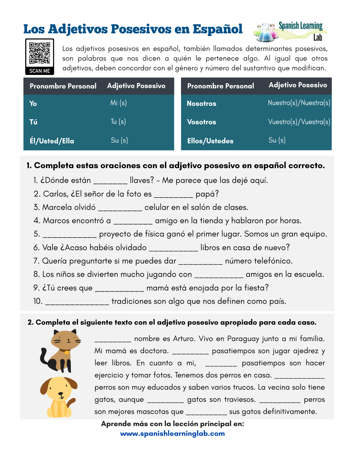 Possessive Adjectives in Spanish - PDF Worksheet - Spanish Learning Lab