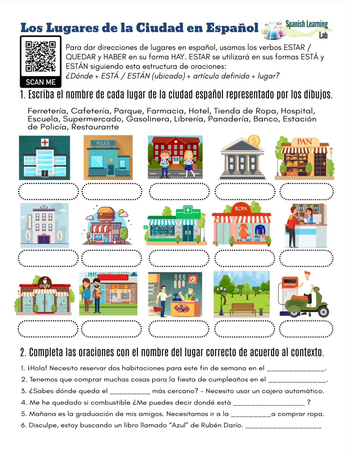Places in the City in Spanish - PDF Worksheet - Spanish Learning Lab