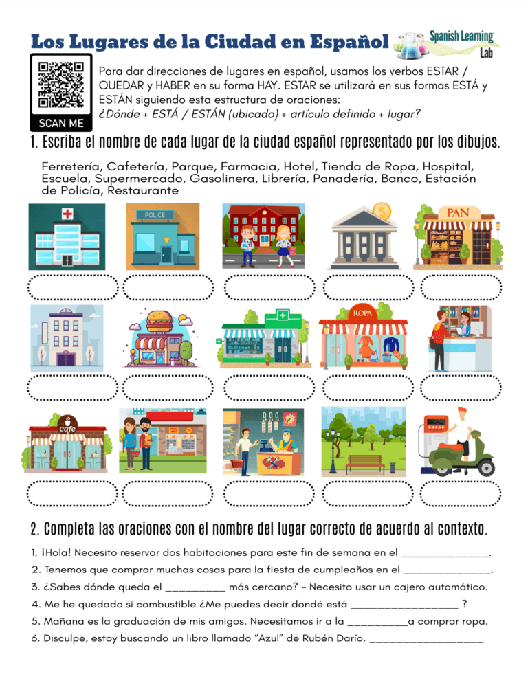 Places in the City in Spanish - PDF Worksheet - Spanish Learning Lab