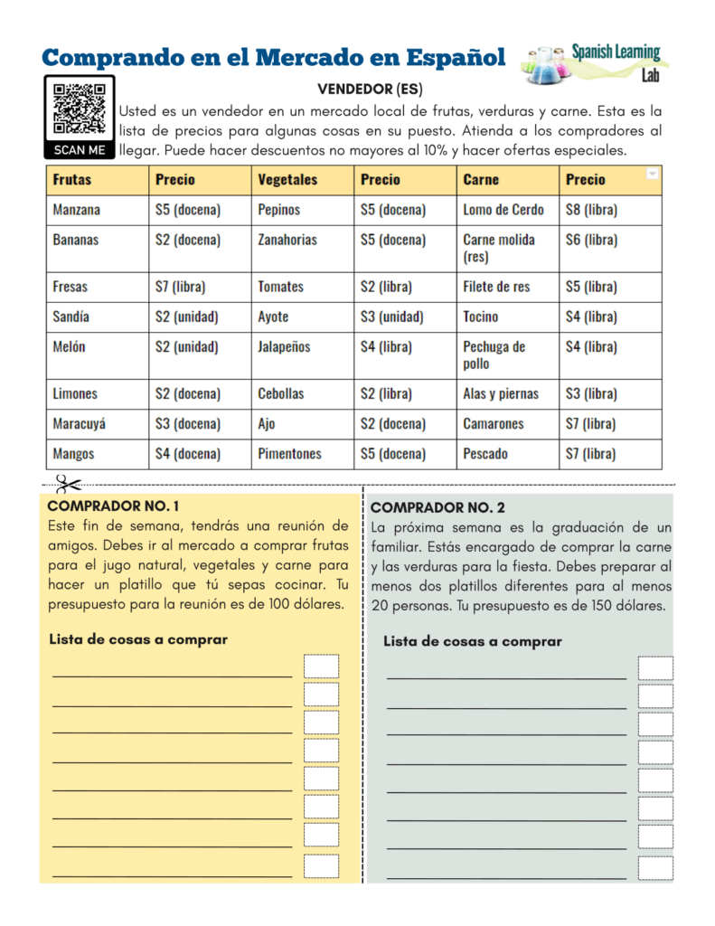 Shopping at the market in Spanish - PDF Worksheet - Spanish Learning Lab