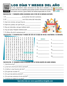 Days and Months in Spanish - PDF Worksheet - Spanish Learning Lab