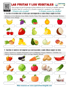 Fruits and vegetables in Spanish - PDF Worksheet - Spanish Learning Lab