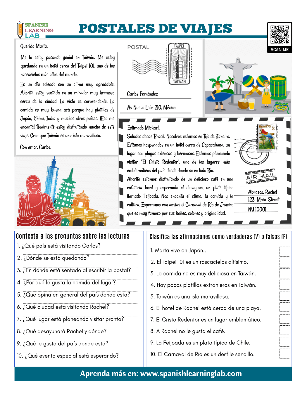 Postales de Viajes en Español - Ejercicios de lectura en PDF - Spanish ...