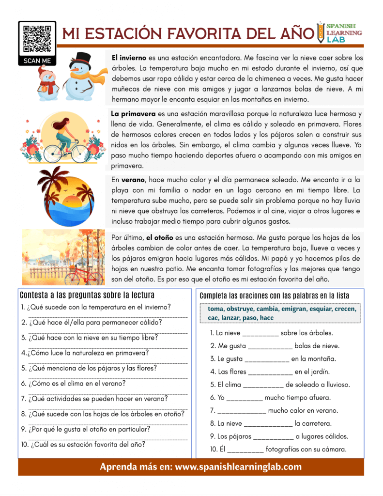 Mi Estación Favorita del Año - Ejercicios de Lectura en PDF - Spanish ... Mi Estación Favorita del Año - Ejercicios de Lectura en PDF - Spanish ...