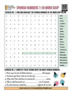 Spanish Numbers 1-20 - PDF Word Search - Spanish Learning Lab