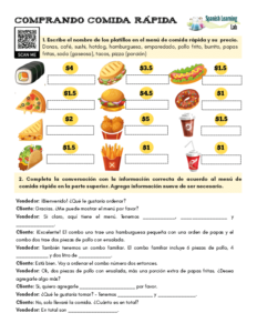 At a Fast Food Restaurant in Spanish - PDF Worksheet - Spanish Learning Lab