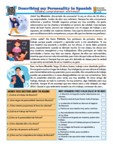 Describing my Personality in Spanish - PDF Reading Worksheet - Spanish ...