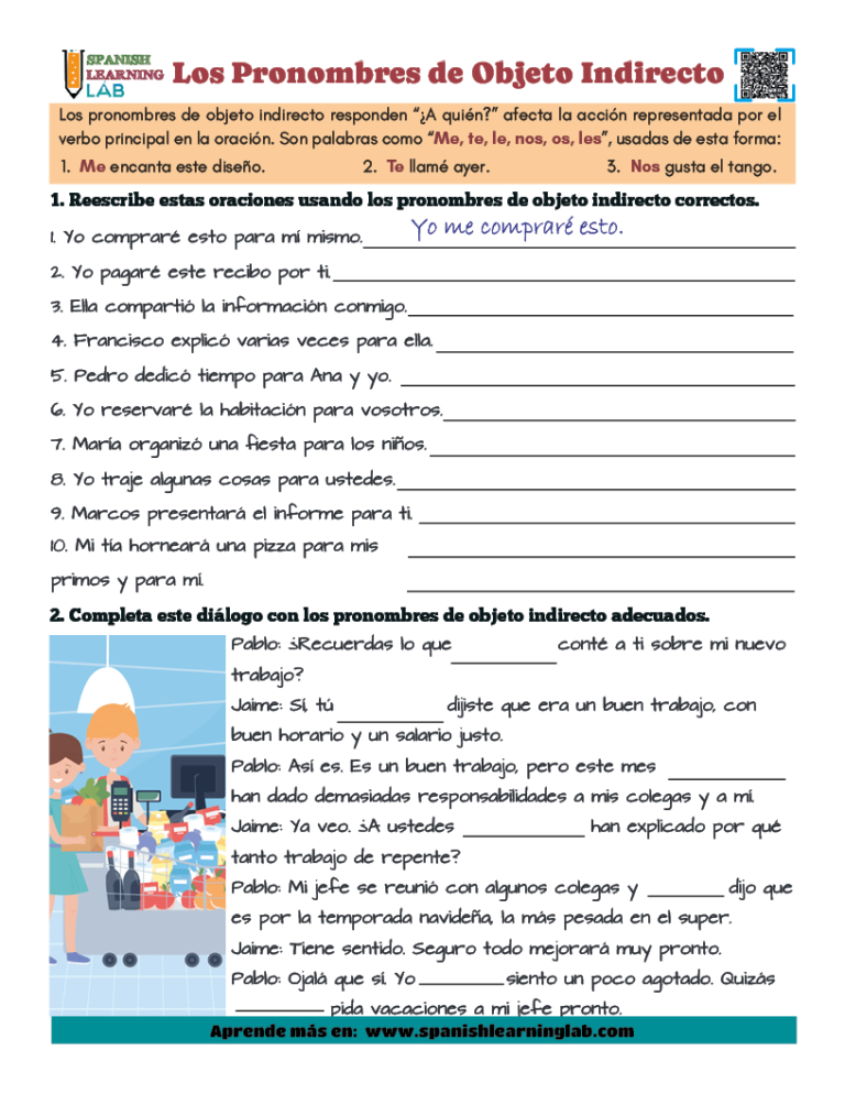 Los Pronombres de Objeto Indirecto - Ejercicios en PDF - Spanish Learning Lab