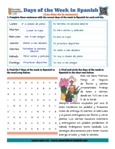 Days of the Week in Spanish - PDF Worksheet - Spanish Learning Lab