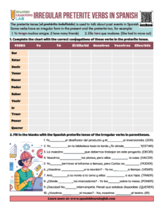 Irregular Verbs in Spanish in the Preterite Tense - PDF Worksheet ...